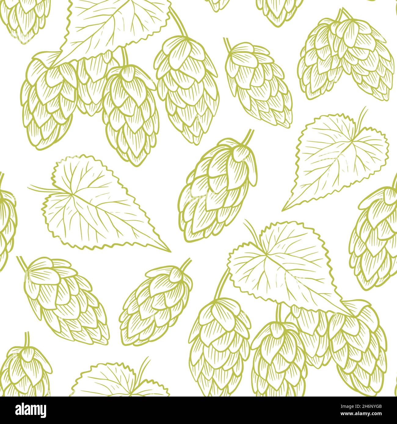 Green hops on white background seamless pattern, hand drawing. Engraved ...