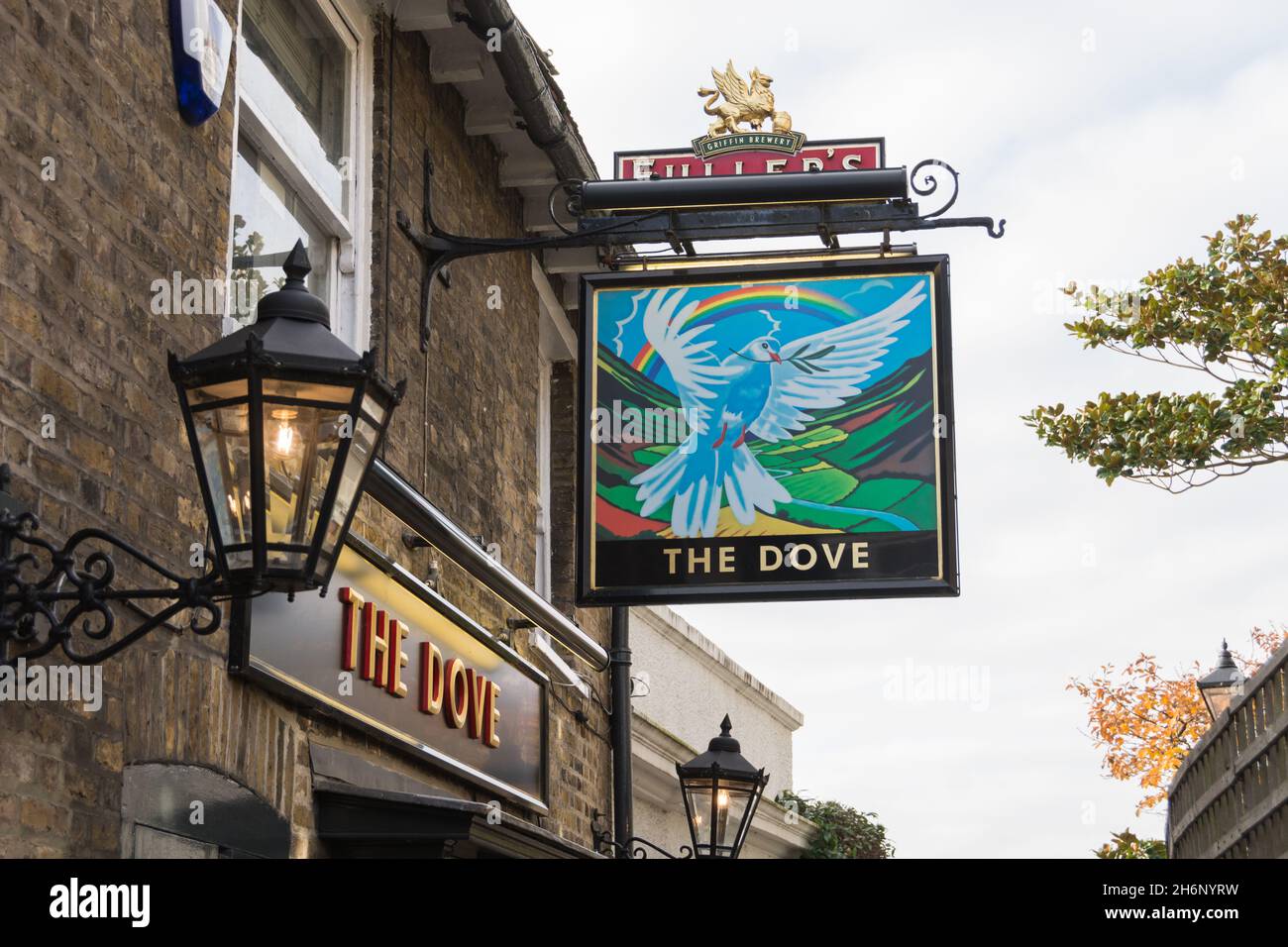 Pub signage outside The Dove Public House in Hammersmith, West London ...