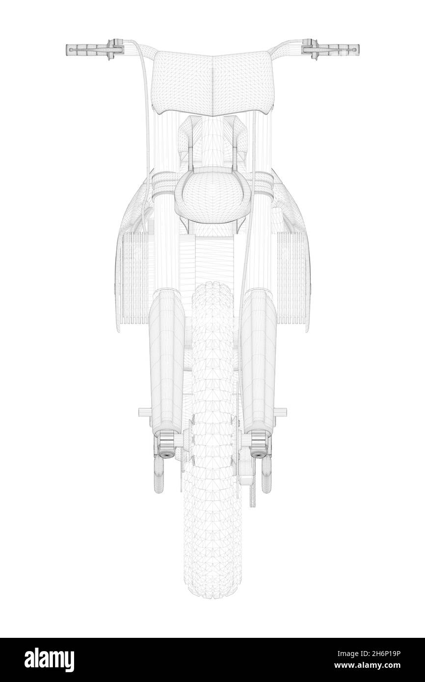 Wireframe of off-road cross motorcycle from black lines isolated on white background. Front view ...