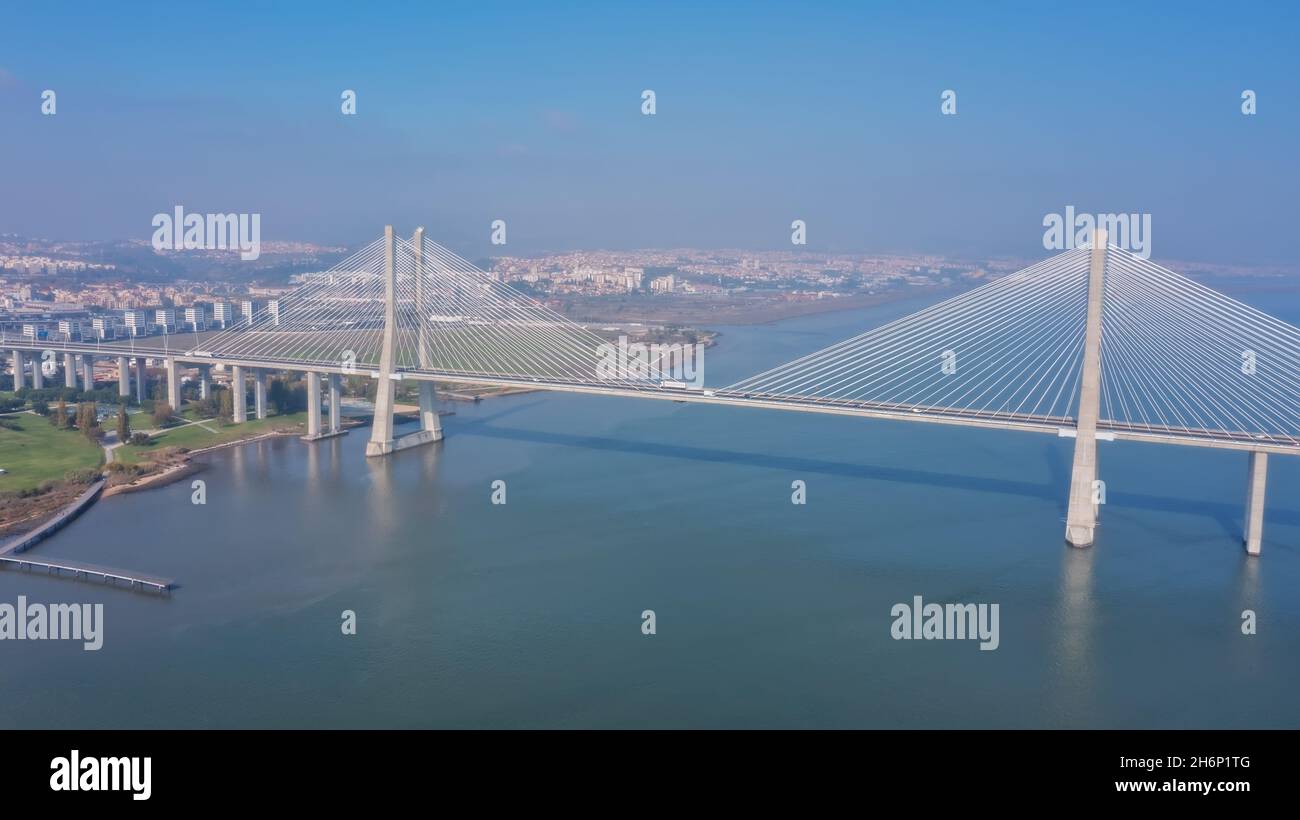 Aerial view of the most beautiful Portuguese bridge in Lisbon, Vasco da ...
