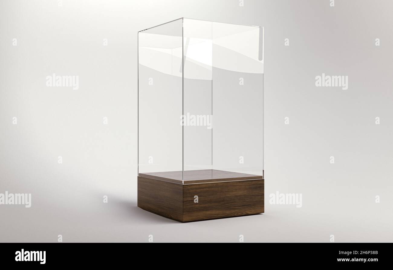 An empty square glass display case with a wooden base on an isolated ...