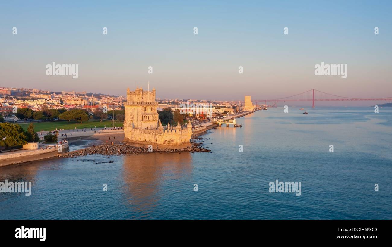 Aerial view of the Portuguese Historical Folk Patrimony, Belem Tower ...