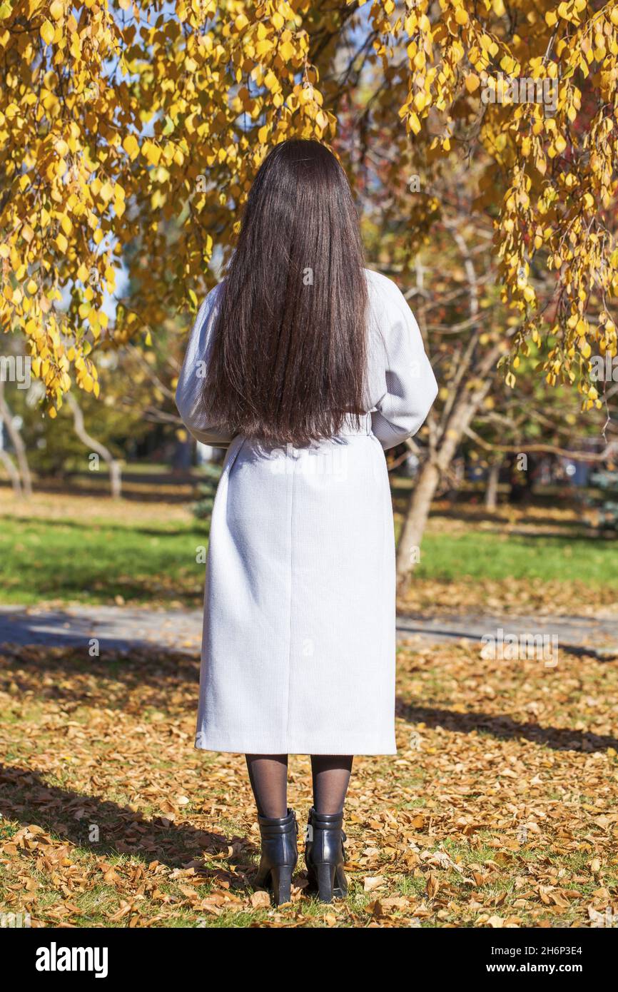 Brunette hair model. Back view young woman, autumn park outdoor Stock ...