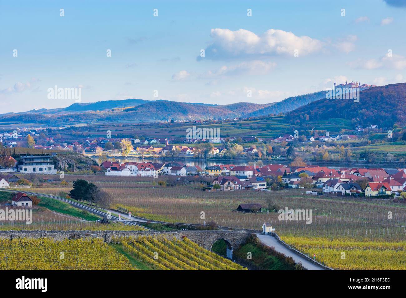 Furth bei Göttweig : Göttweig Abbey (back), vineyard, river Donau in ...