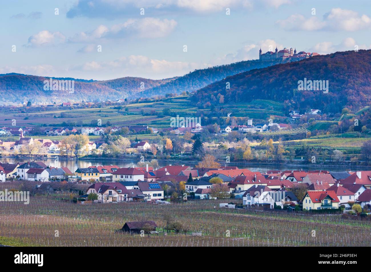 Furth bei Göttweig : Göttweig Abbey (back), vineyard, river Donau in ...