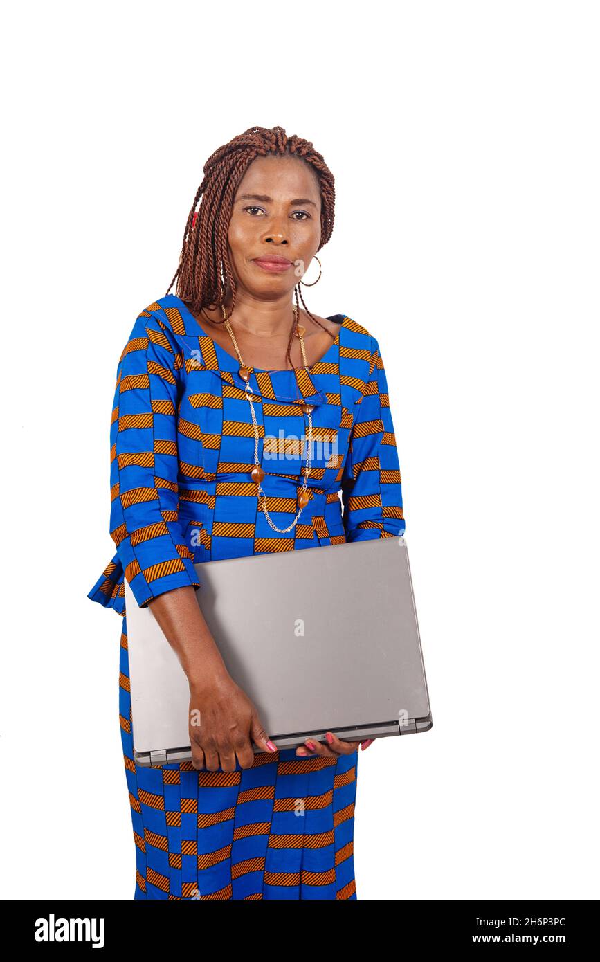 Beautiful Adult Businesswoman Dressed In Traditional Loincloth Holding A Laptop While Smiling