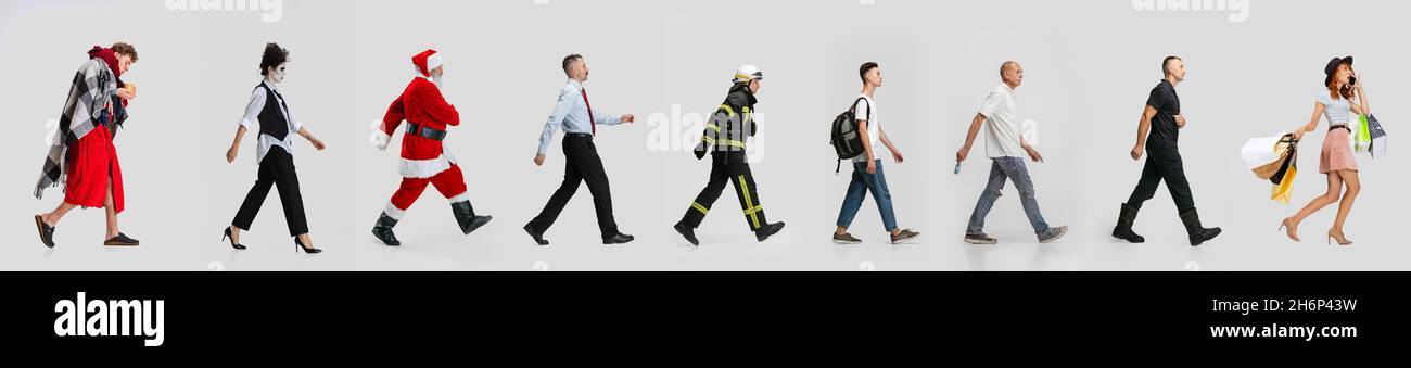 Collage of different people walking right side in a line isolated over ...