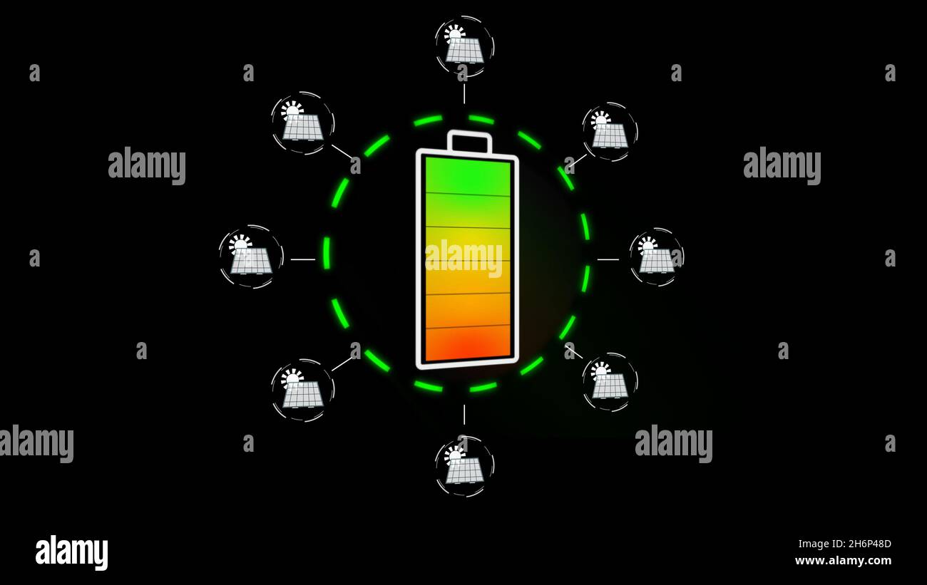 Digital illustration of a battery charge symbol with industrial symbols ...