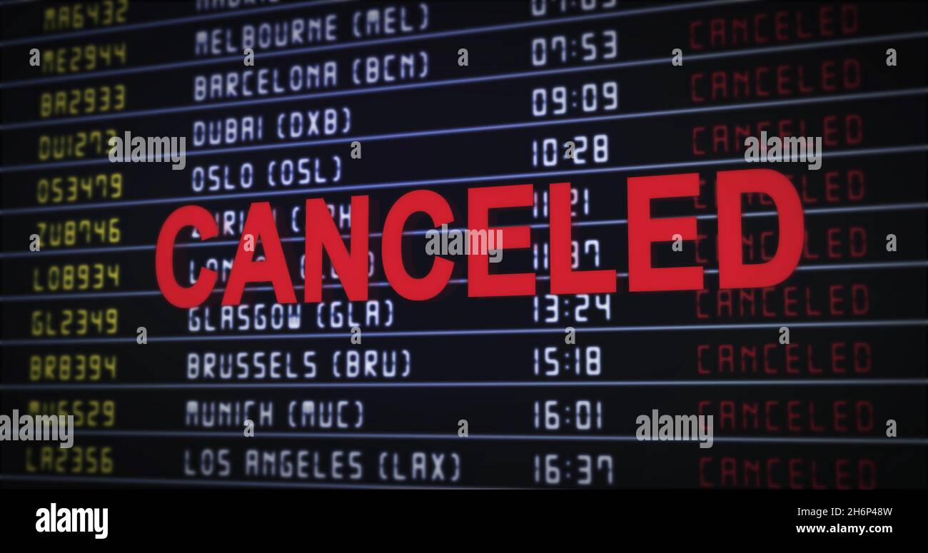 Red CANCELED notice on a departing flight background Stock Photo - Alamy