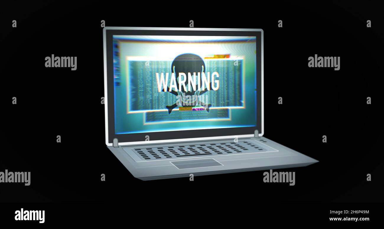 Digital render of a laptop with a warning hacker skull sign Stock Photo ...