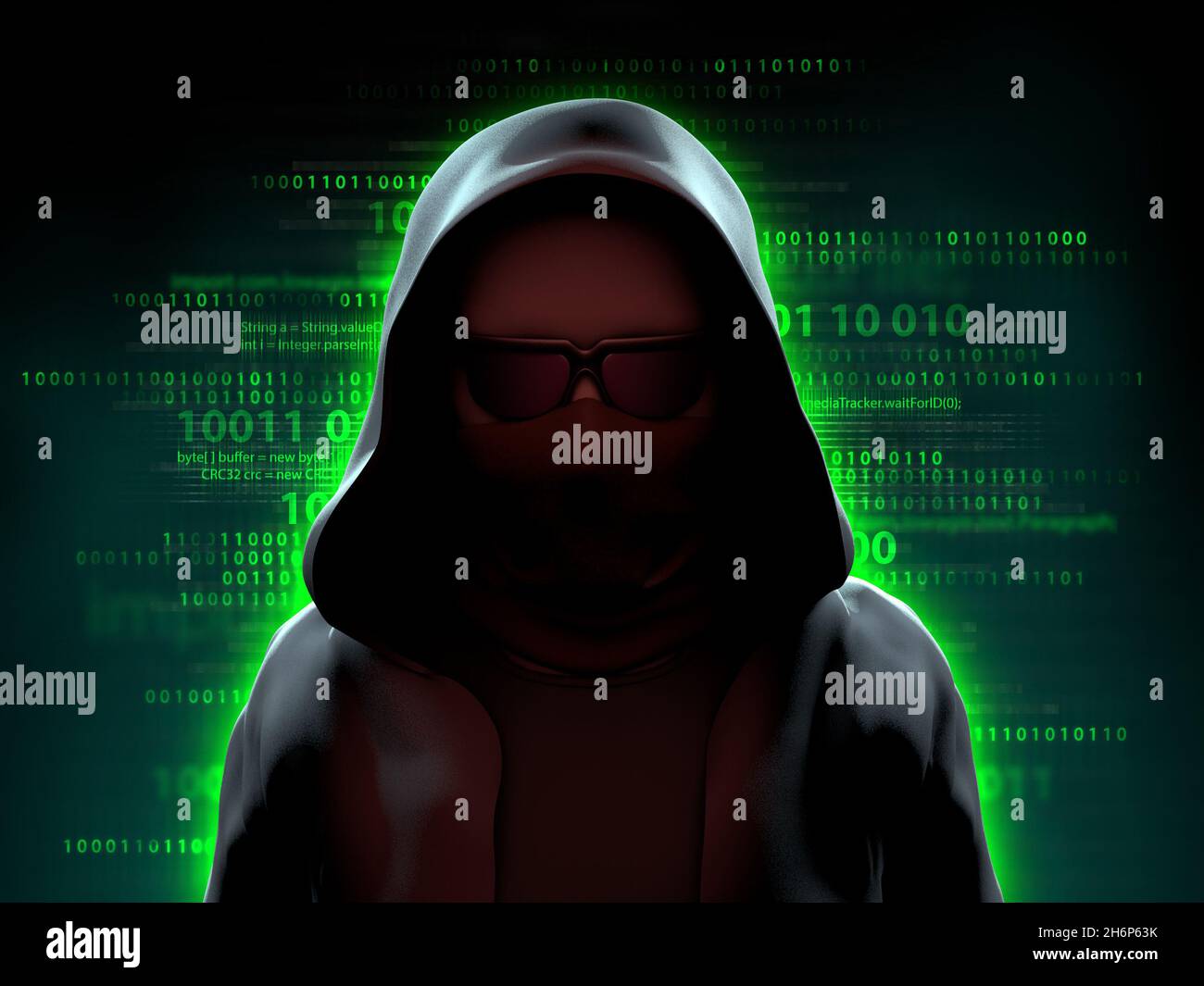 Mysterious hacker standing over a code background. 3D illustration ...