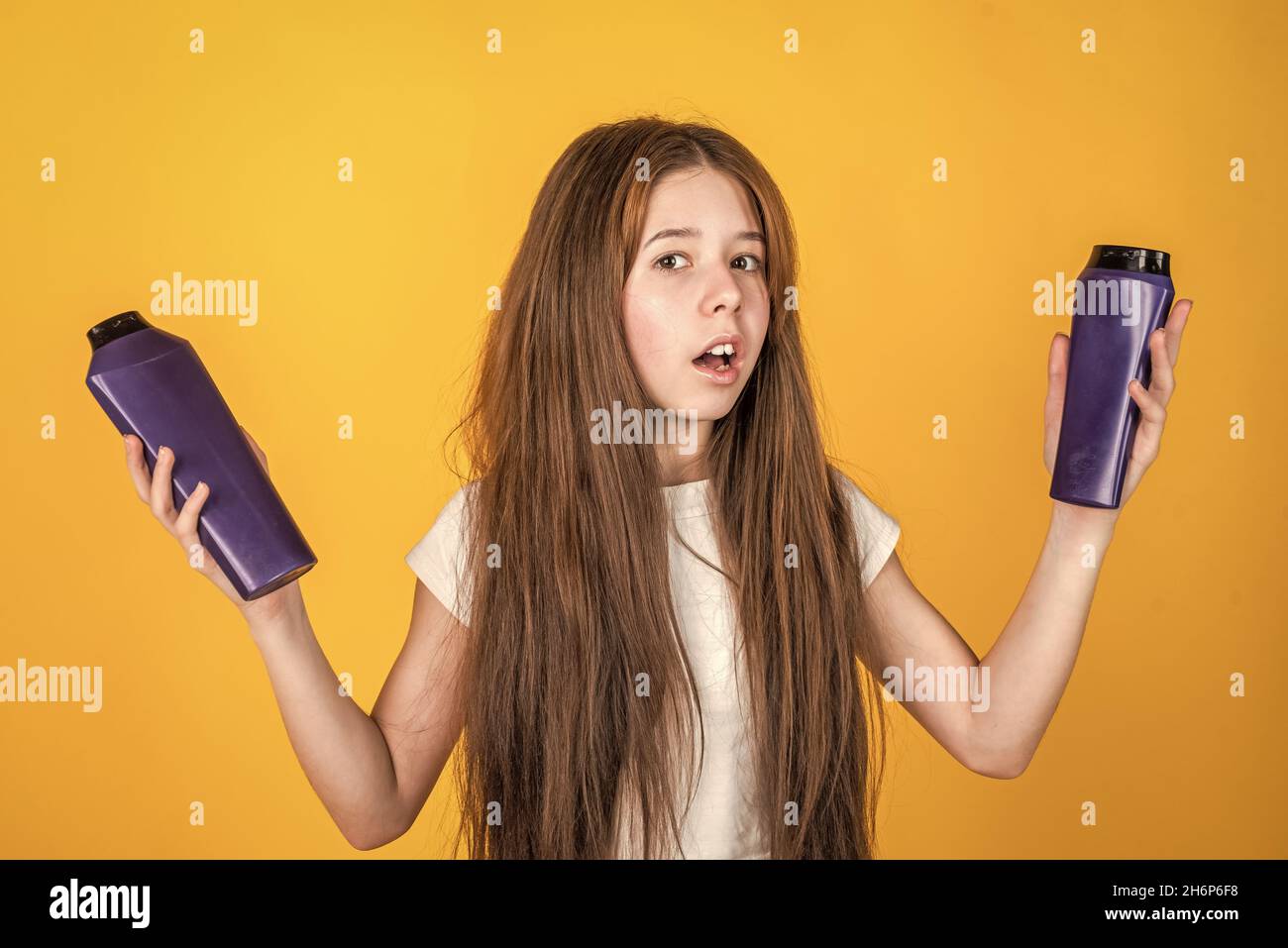 teen girl wash hair with shampoo and condirioner, hair care Stock Photo ...