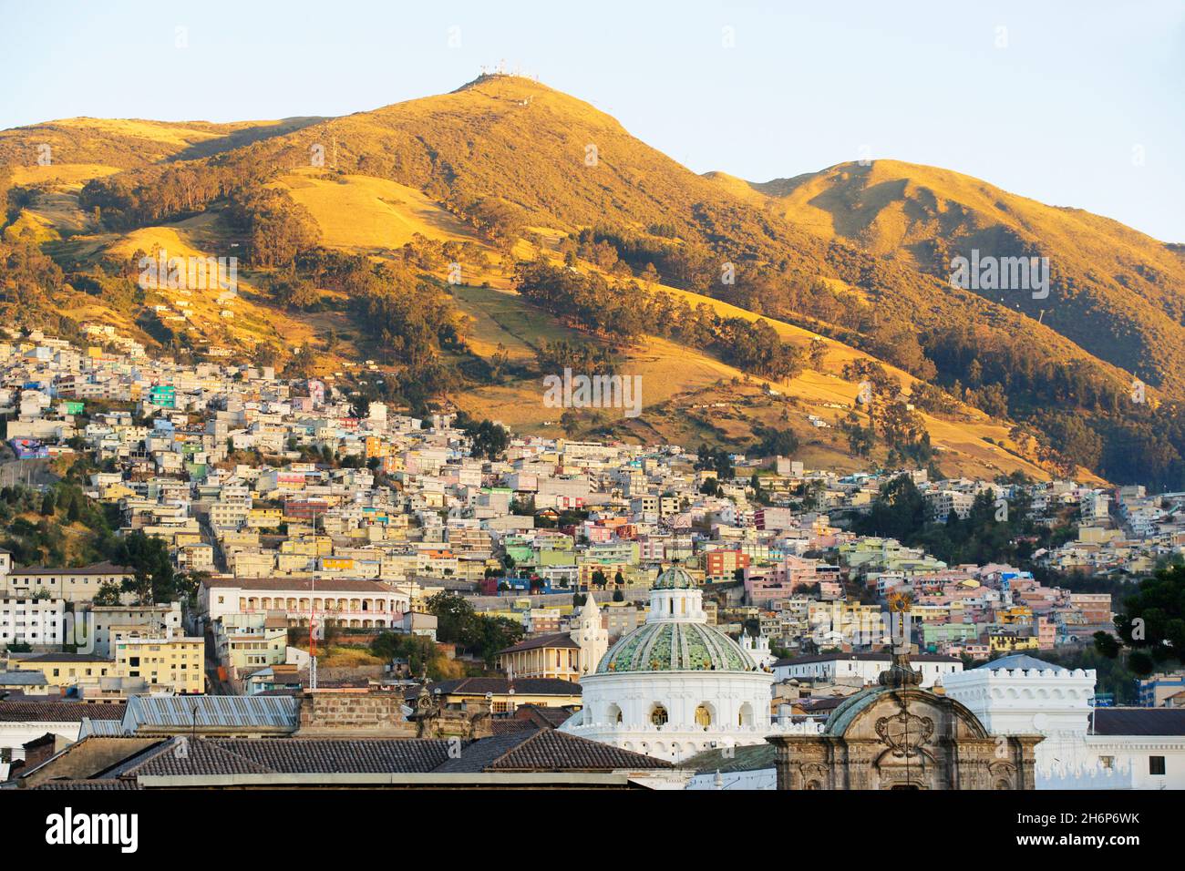 EQUATOR, THE CITY OF QUITO. THE CABLE CAR REACHES THE TOP OF THE HILL ...