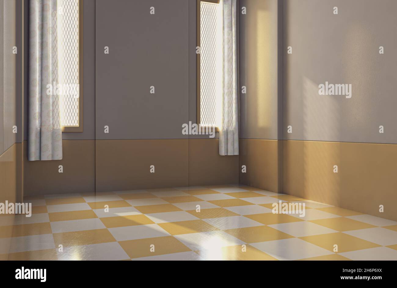 An empty vintage colored room with linoleum yellow tiles, cream walls ...