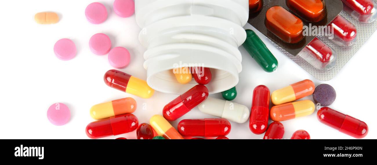 Assorted pharmaceutical medicine pills, tablets and capsules isolated ...