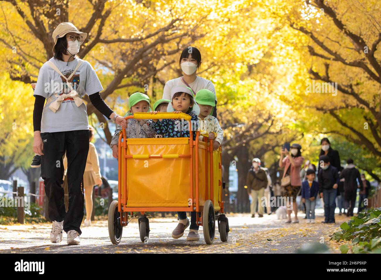 Kindergarten children are being pushed in a cart through Gaien Nishi ...