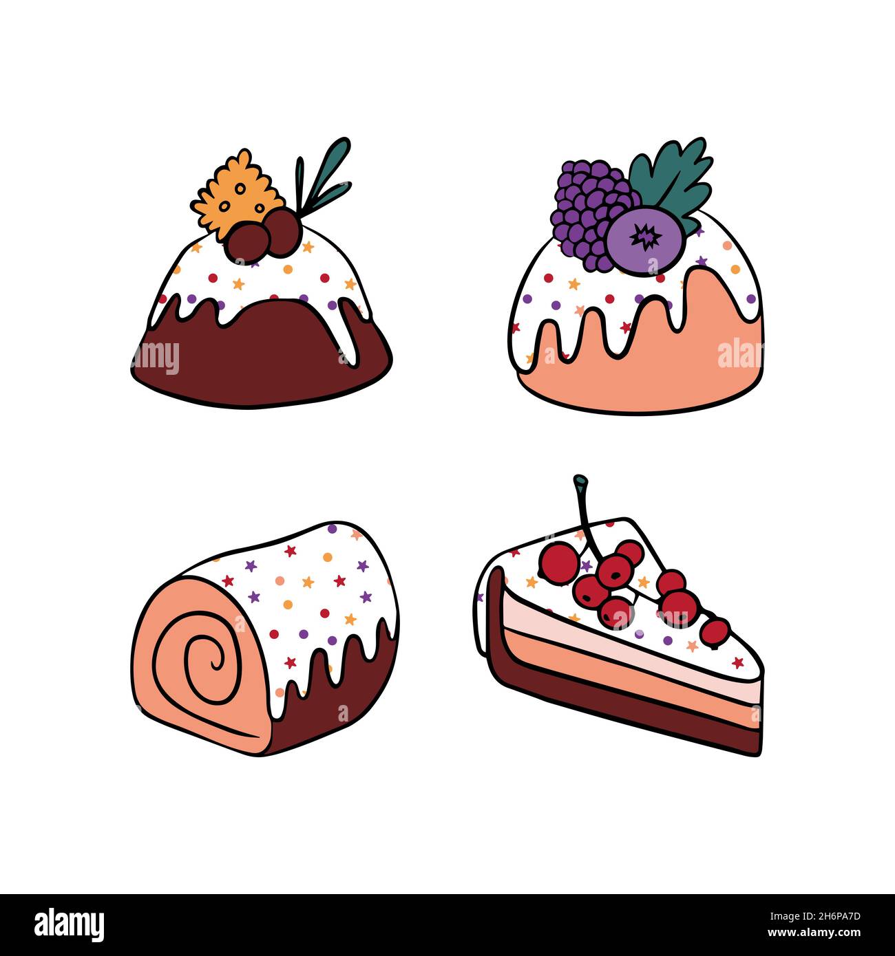 Hand drawn cakes set. Sweet dessert with sprinkles and berries isolated ...
