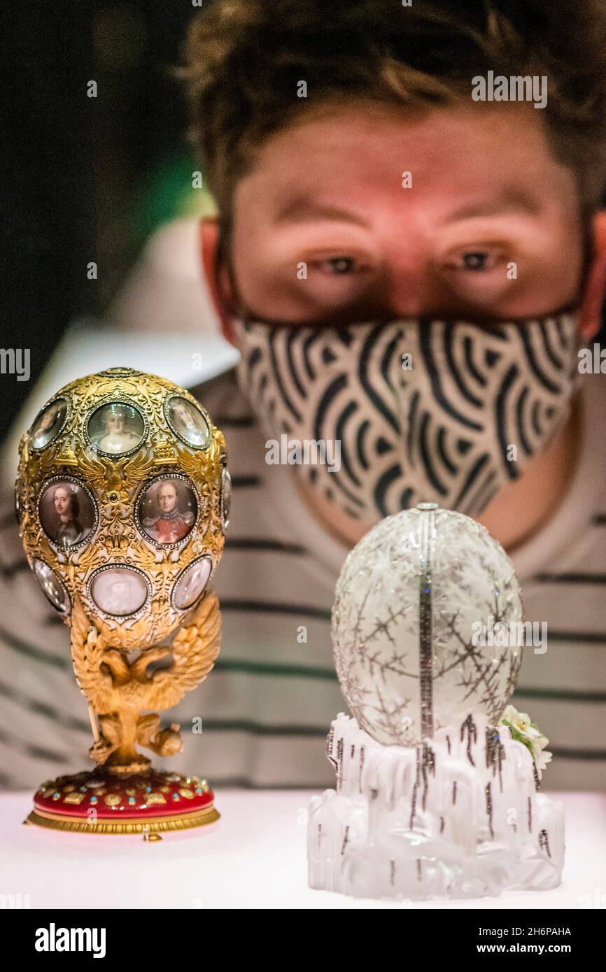 London, UK. 17th Nov, 2021. The Romanov Tercentenary egg with the Winter Egg - Fabergé in London ...