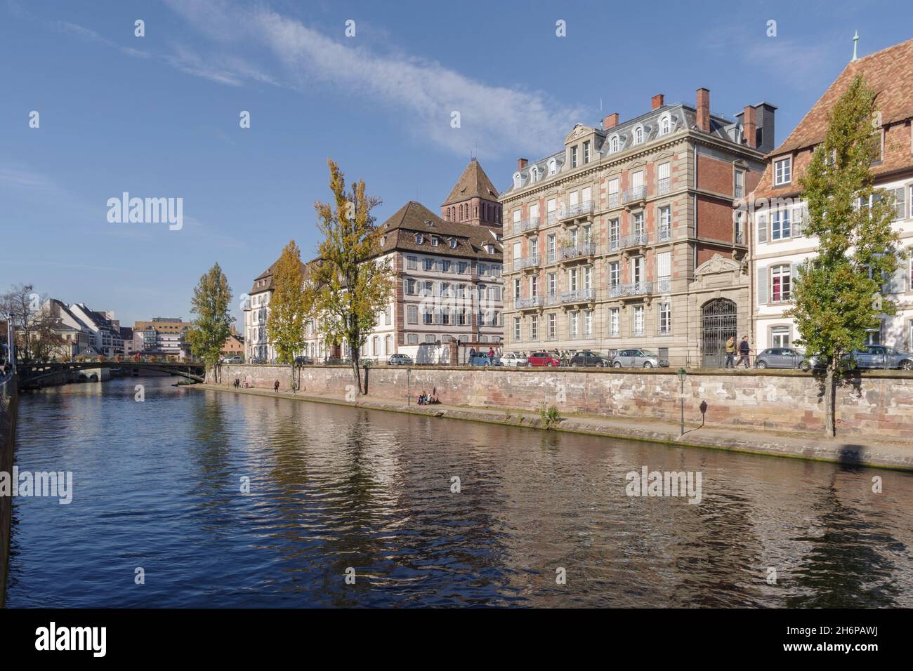 France, Strasbourg, Ill River canal with promenade and row of ...