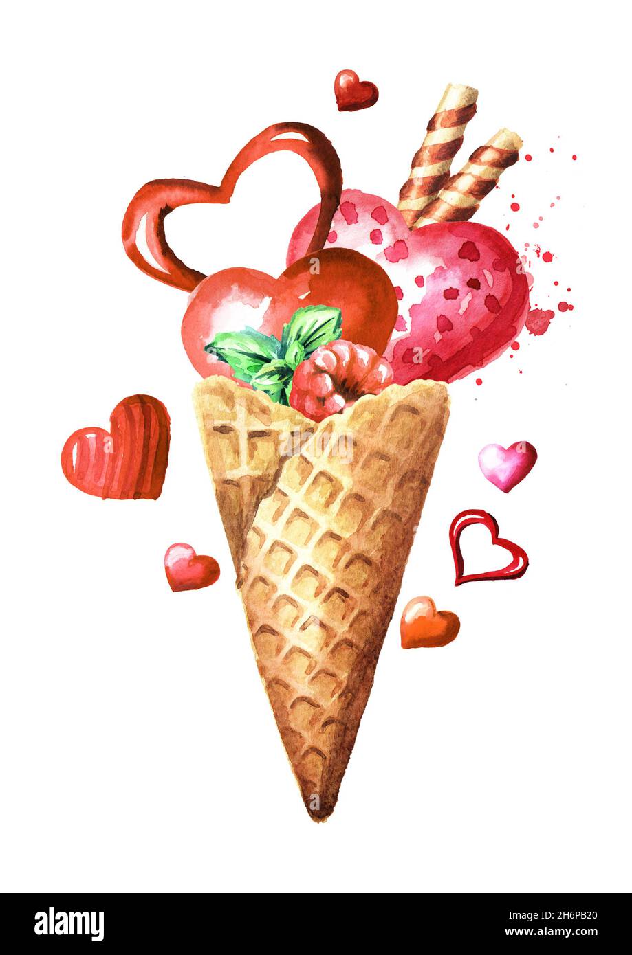 Icecream with Hearts. Concept of sweet love, Valentines Day card. Hand ...