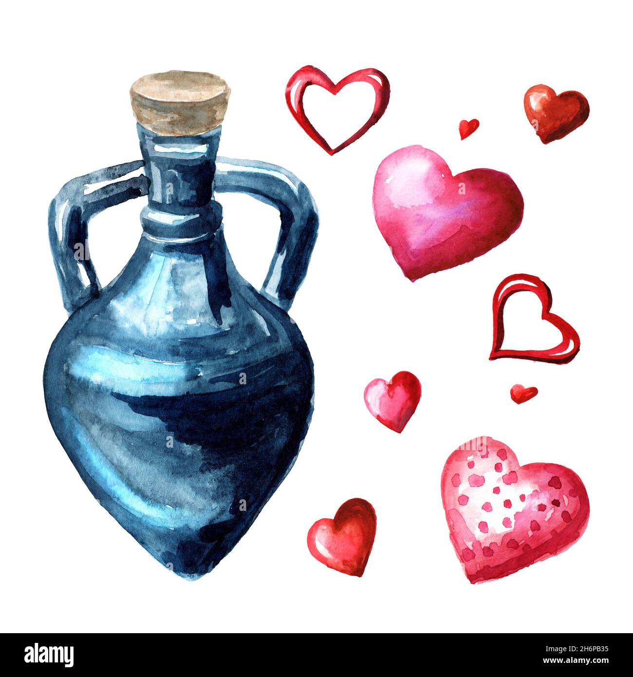 Love elixir, bottle of love potion and hearts set. Hand drawn ...