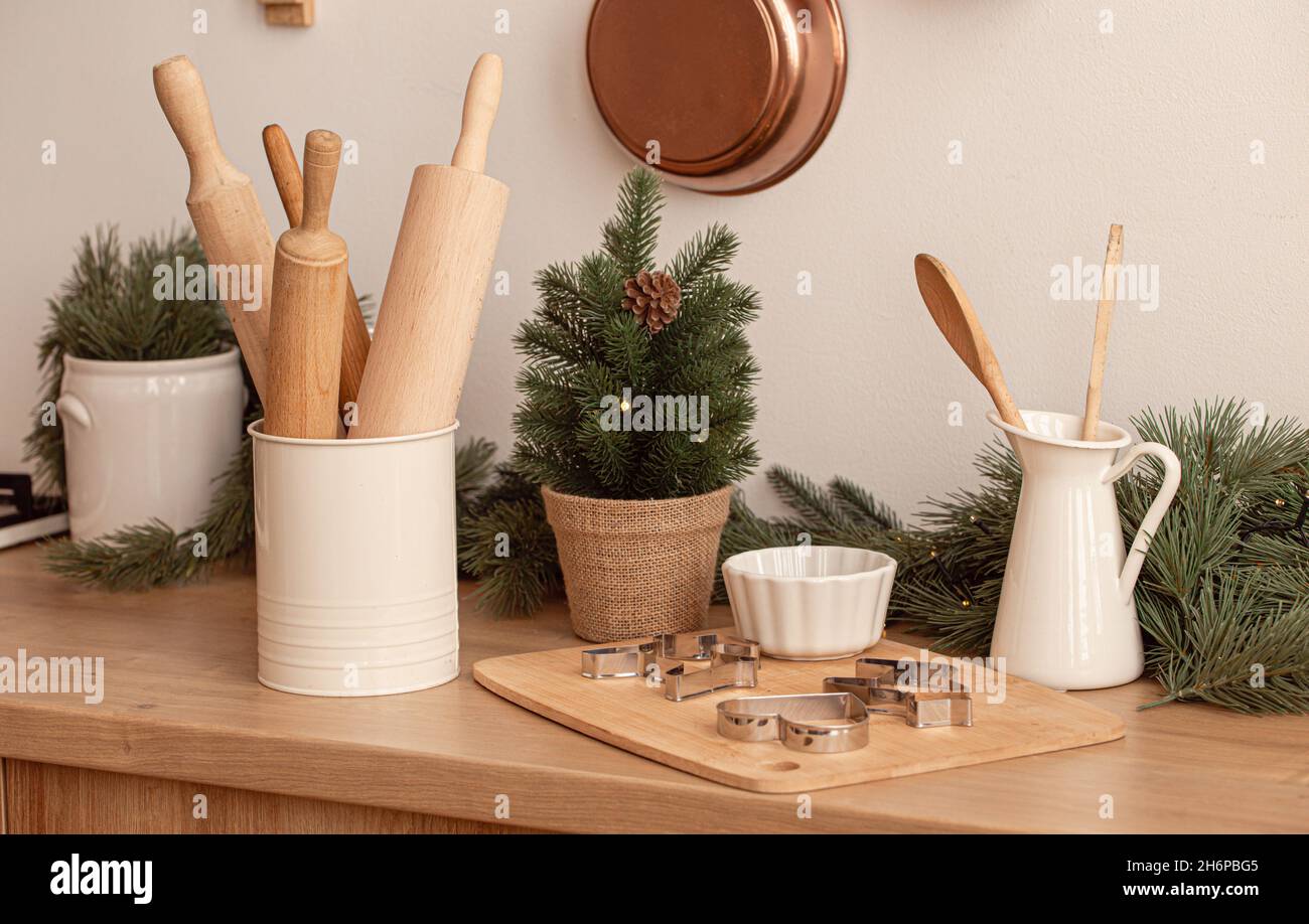 Festive christmas kitchen table with baking tools Stock Photo - Alamy
