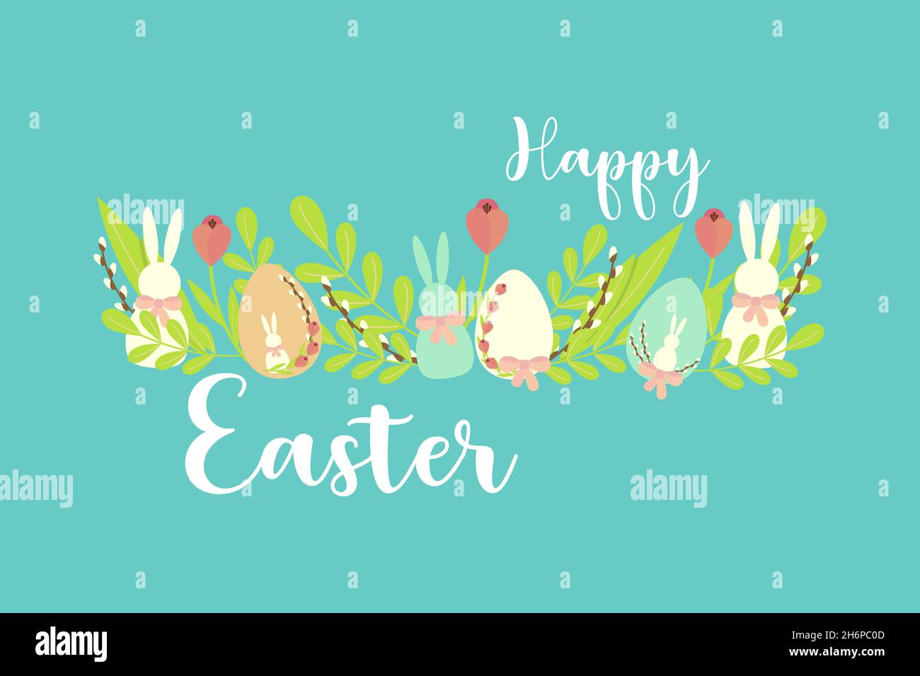 Happy Easter horizontal banner blue, with the inscription, decorative ...