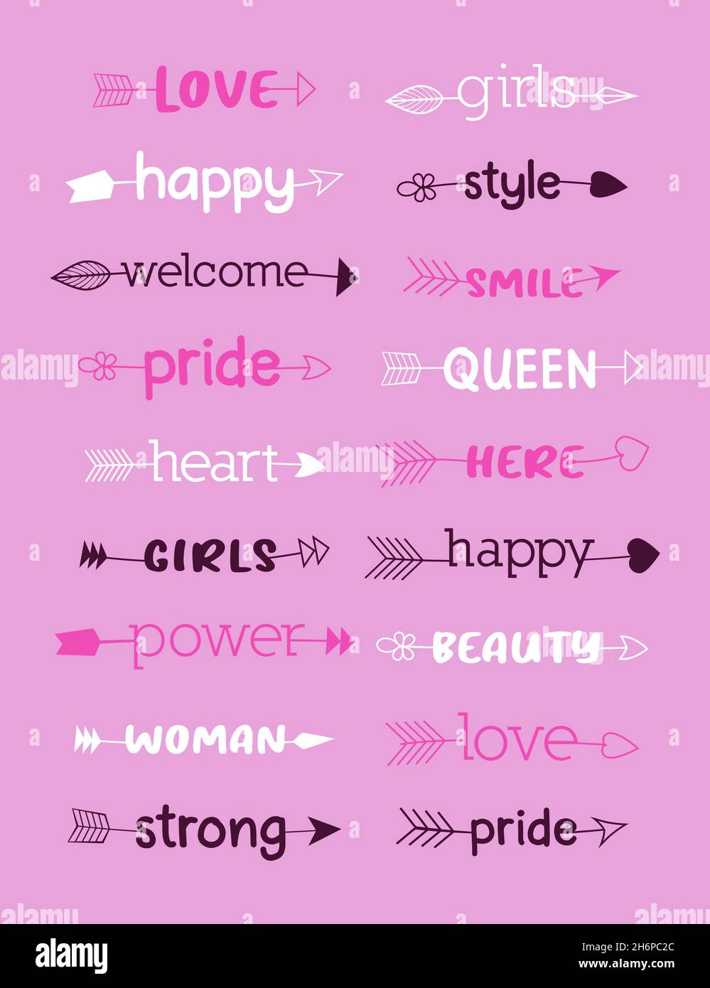 Hand drawn colorful girls words in arrows. Different styles and colors ...