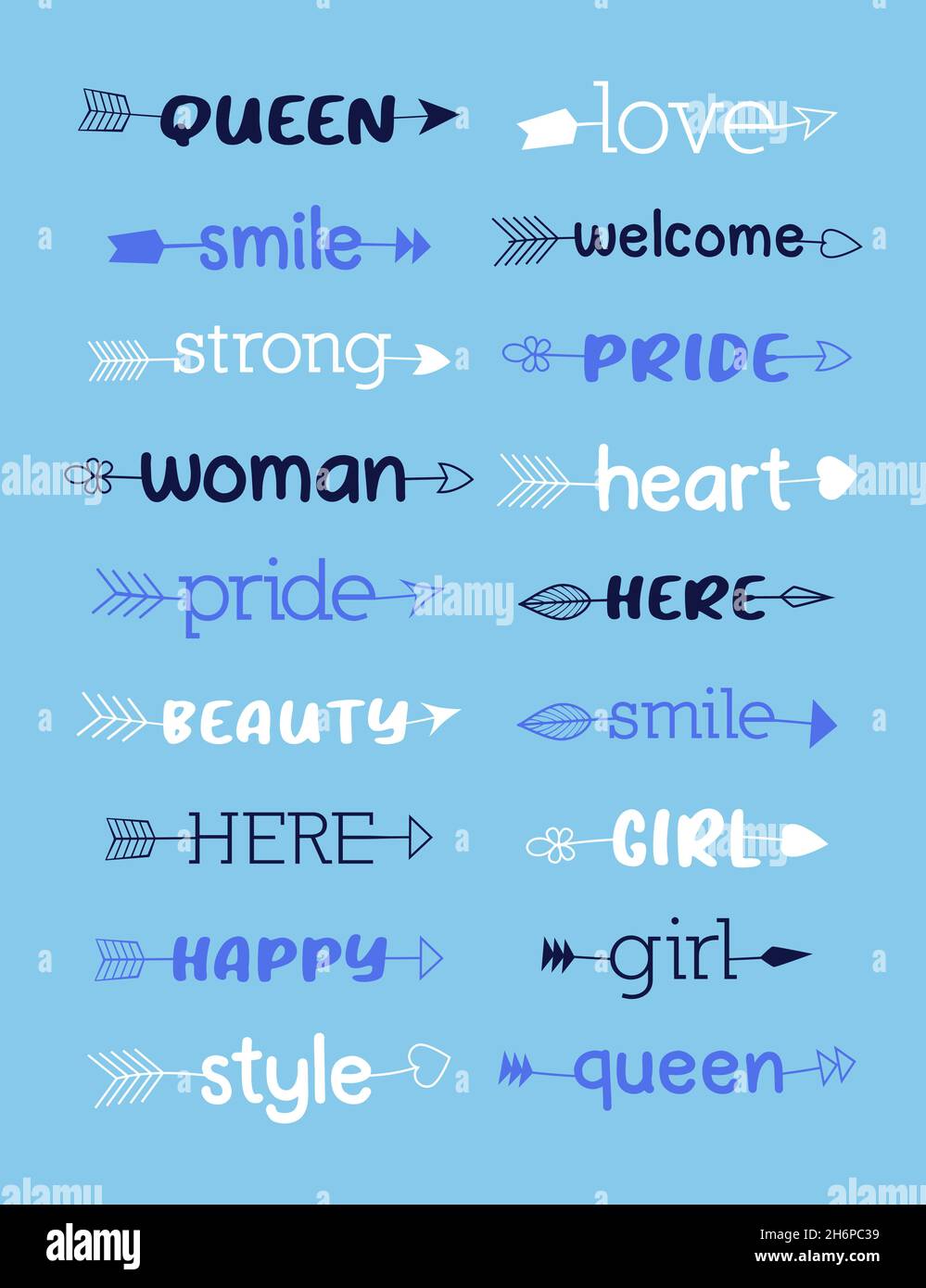 Hand drawn colorful girls words in arrows. Different styles and colors ...