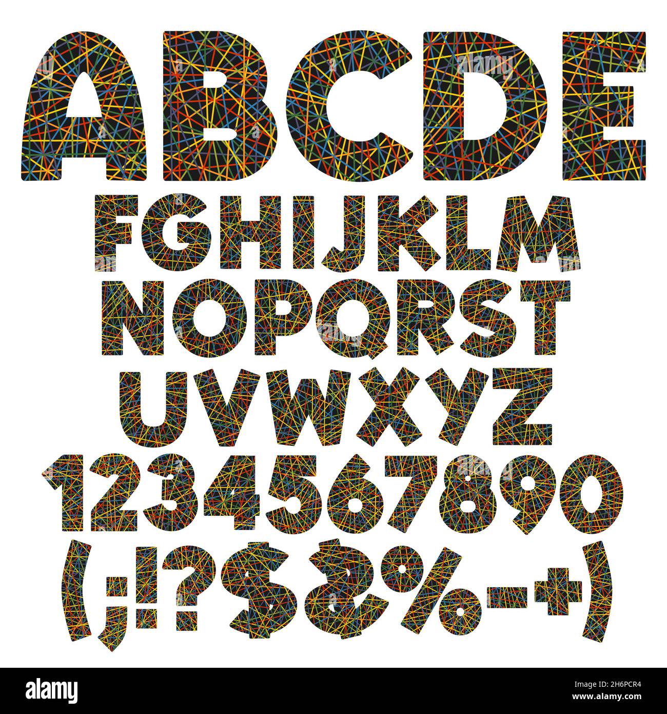 Alphabet, numbers, letters and signs of color stripes, ribbons, threads ...