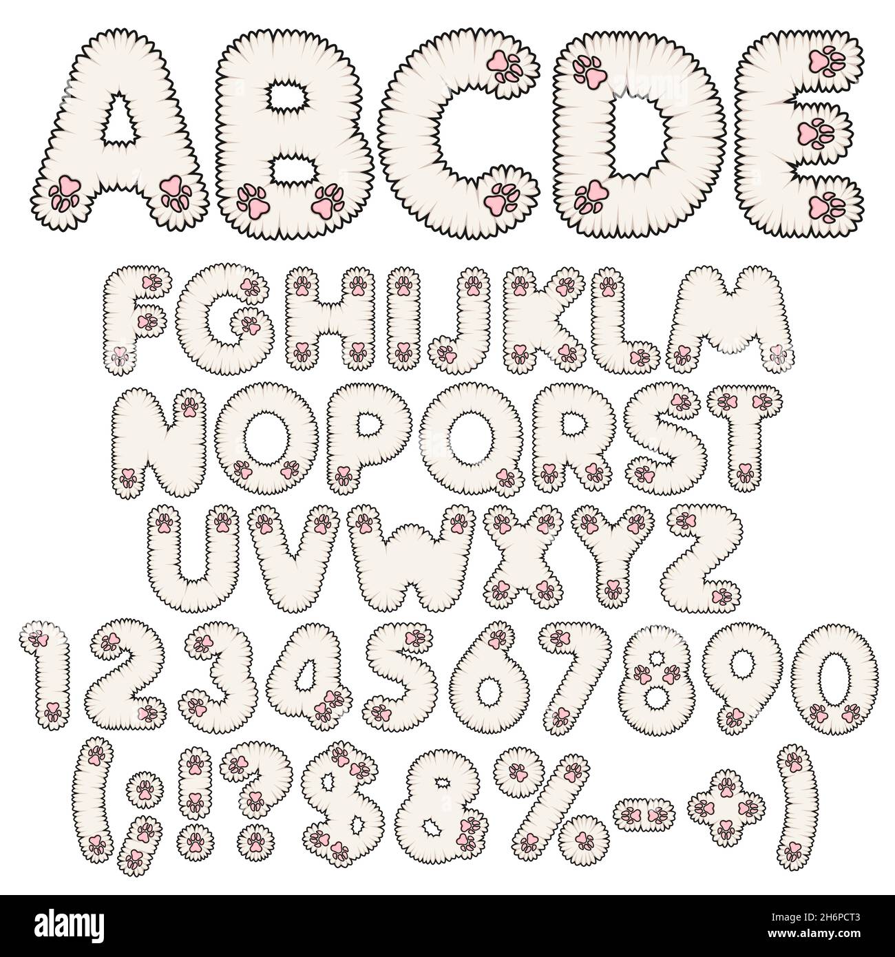Fluffy white alphabet, letters, numbers and signs with pink paws. Set ...