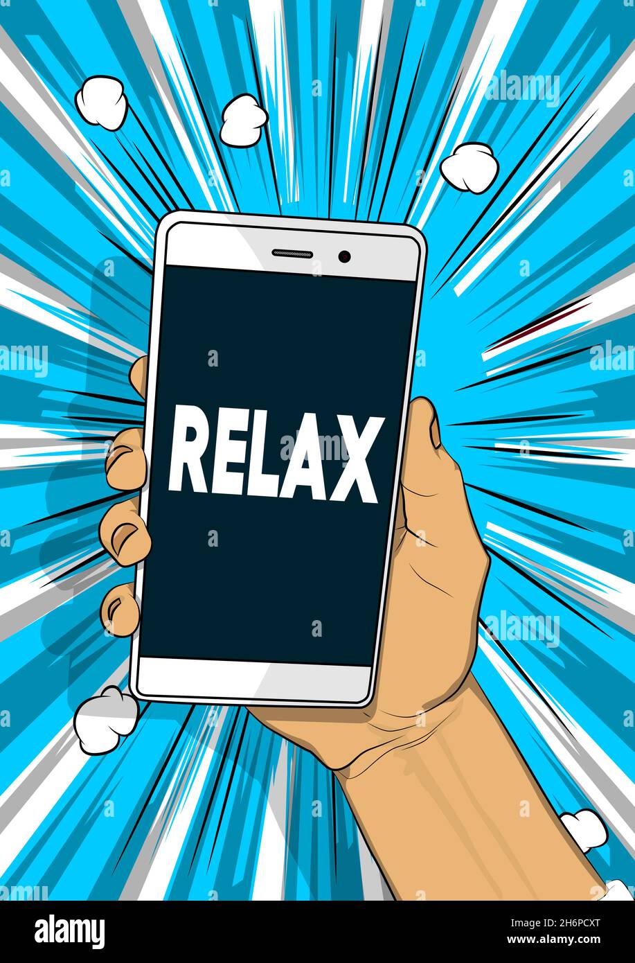Relax text on Smartphone screen. Cartoon vector illustrated mobile ...
