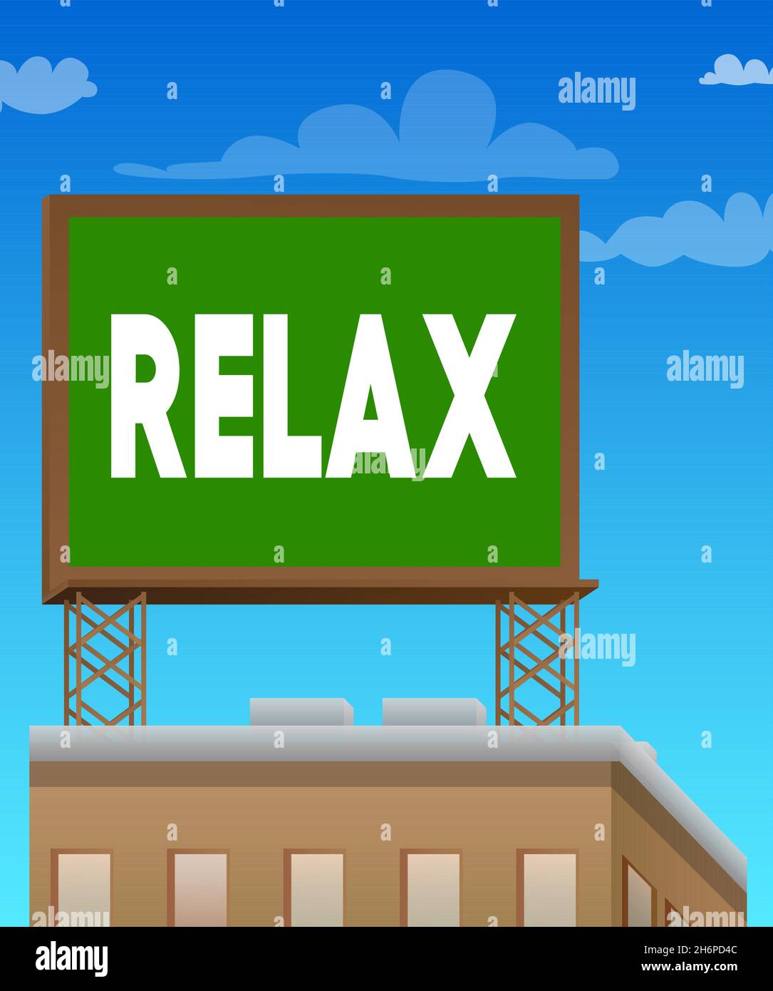 Relax text on a billboard sign atop a brick building. Outdoor ...