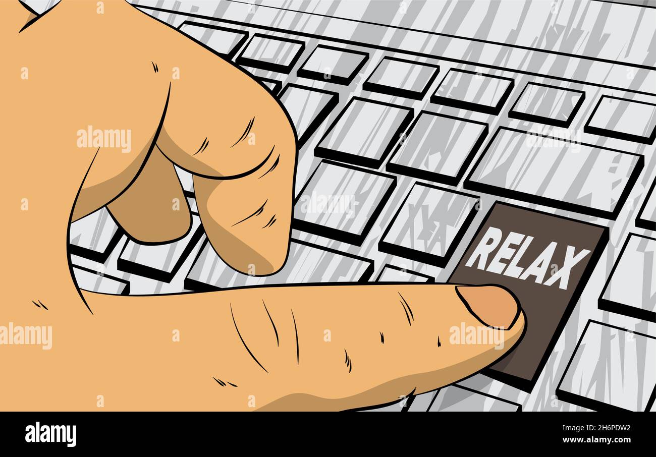 Relax word on computer keyboard. Man push keypad on laptop. Comic book ...