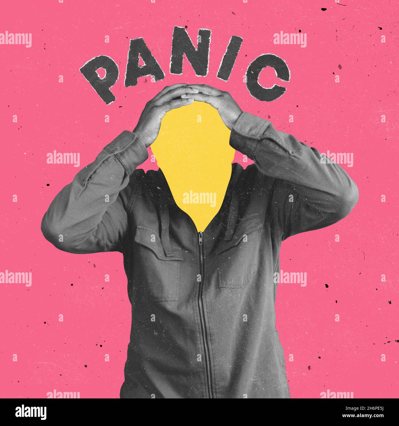 Conceptual Portrait Of Faceless Man With Word Panic Instead Face Human