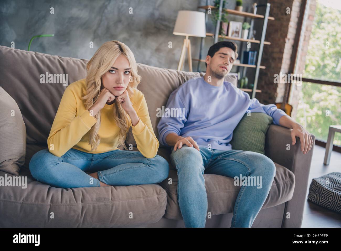Photo of young couple unhappy sad negative disagreement conflict moody ...