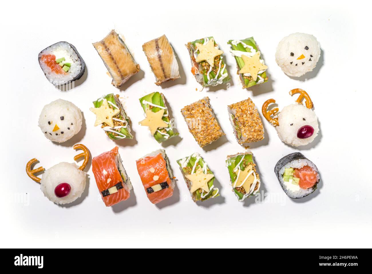 Christmas sushi set with funny decorated rolls like Xmas symbols ...