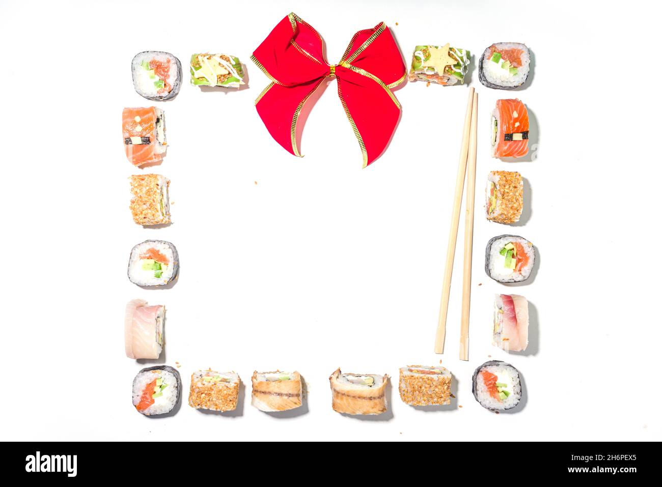 Christmas sushi set with funny decorated rolls like Xmas symbols ...