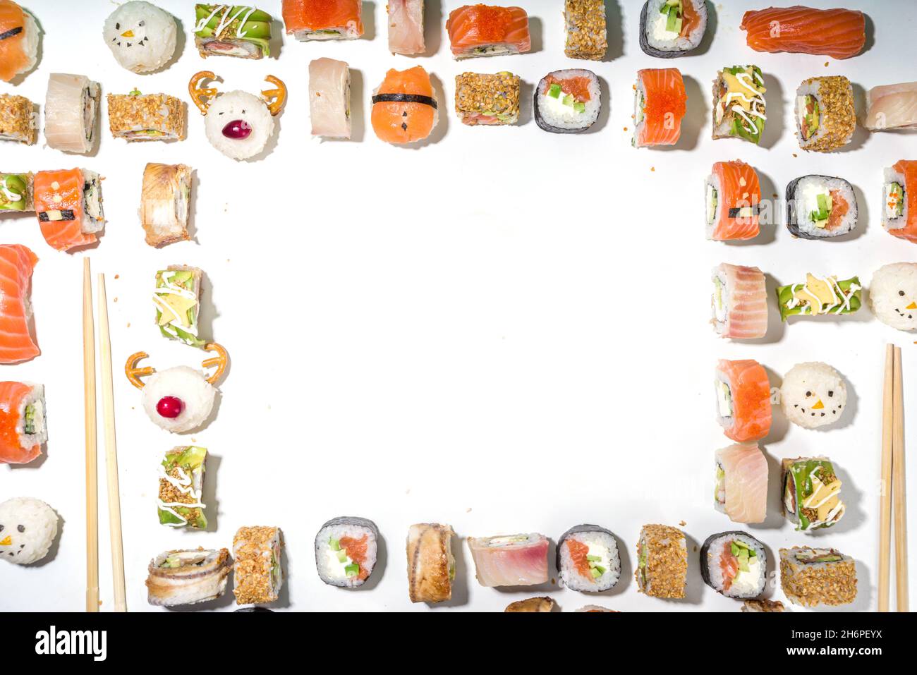 Christmas sushi set with funny decorated rolls like Xmas symbols ...