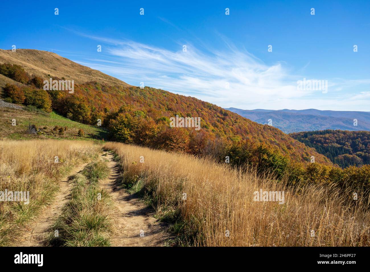 Autumn in the Bieszczady Mountains. Hiking trail to Smerek Stock Photo ...