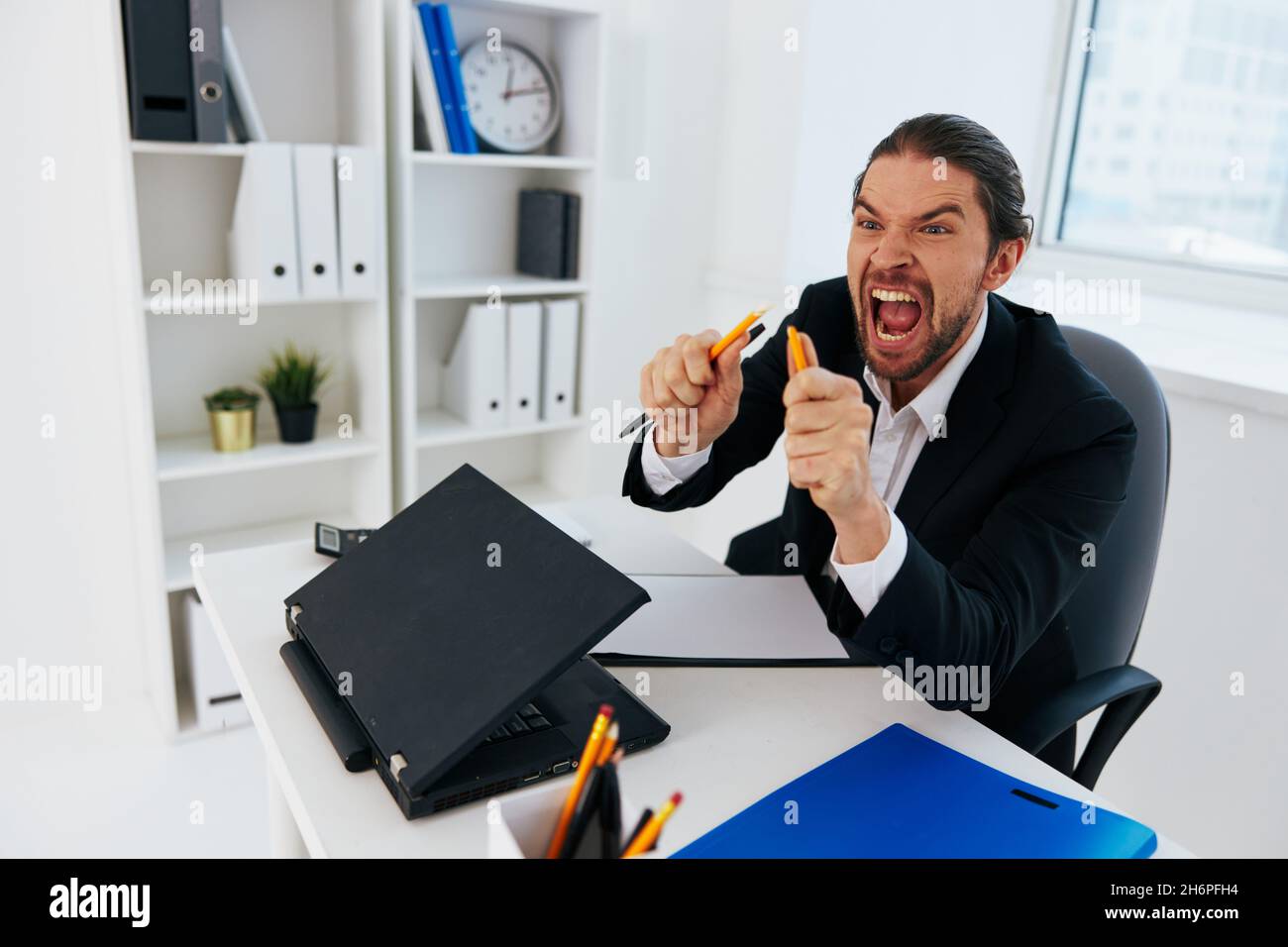 Man office work blue document folder boss Stock Photo - Alamy
