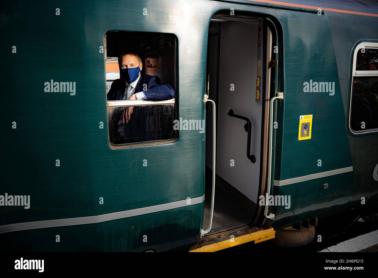 Transport Secretary Grant Shapps looks out of the train drivers window ...