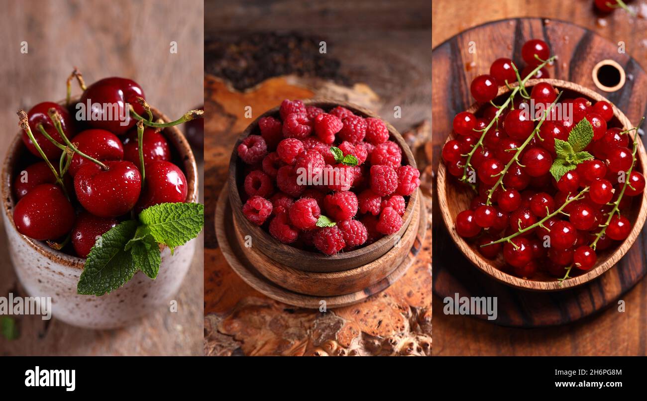 collage different berries, cherry raspberry currant Stock Photo - Alamy
