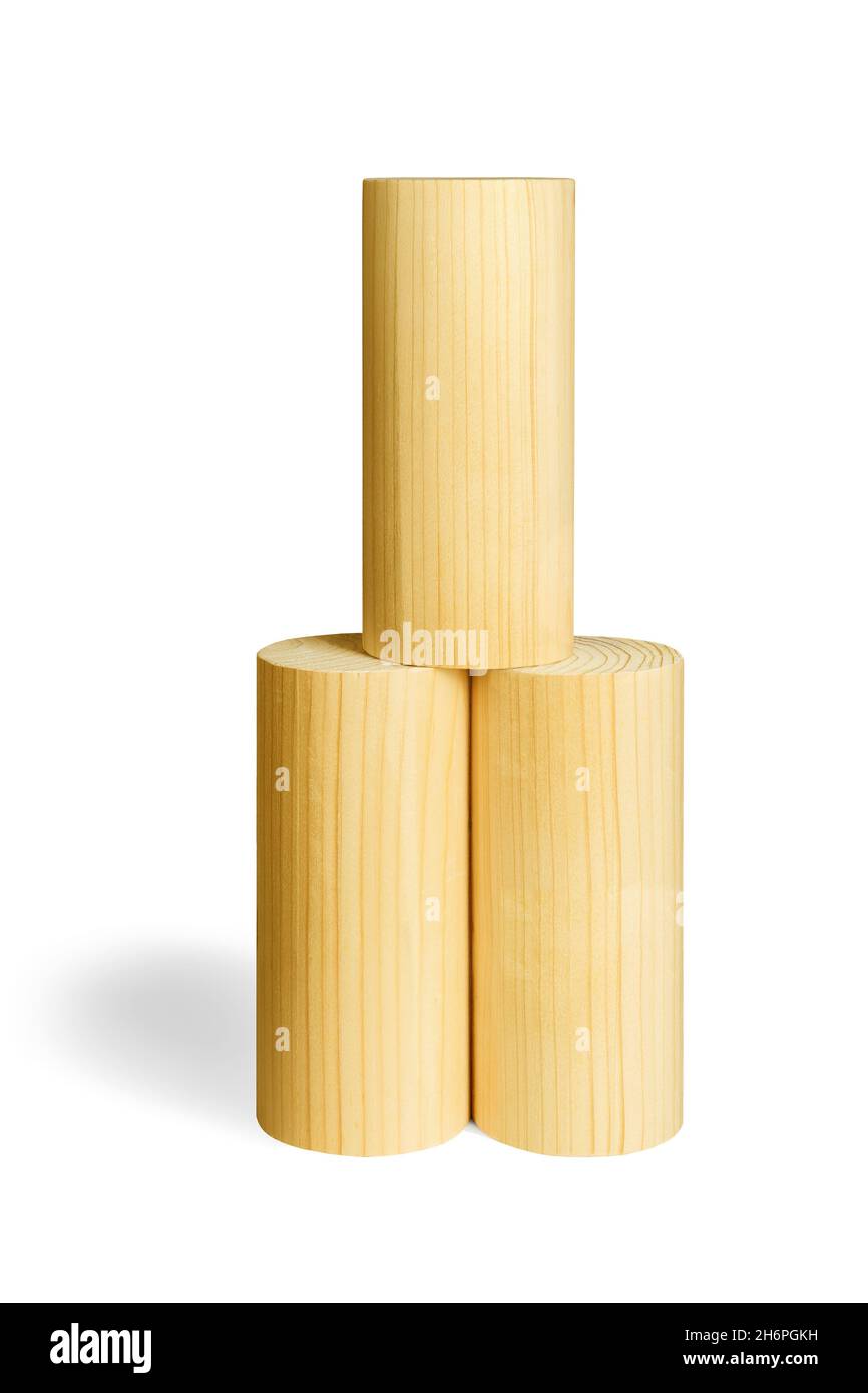 Three Wooden Cylindrical Blocks on White Background Stock Photo - Alamy