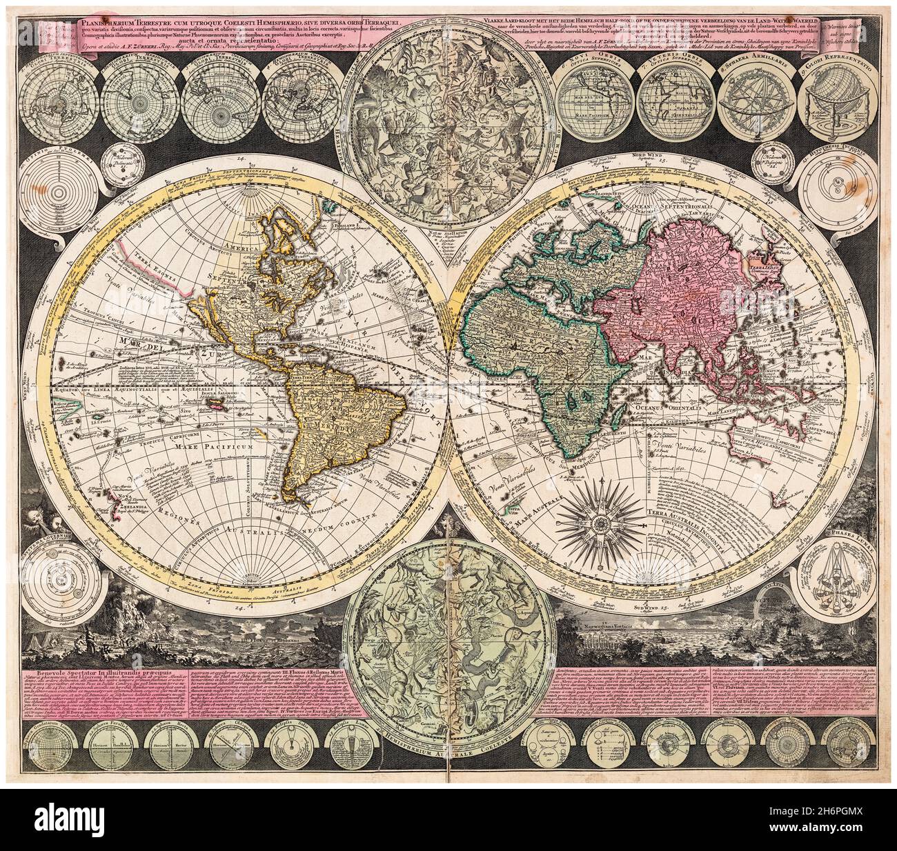 18th Century Dutch vintage World Map showing routes of explorers ...