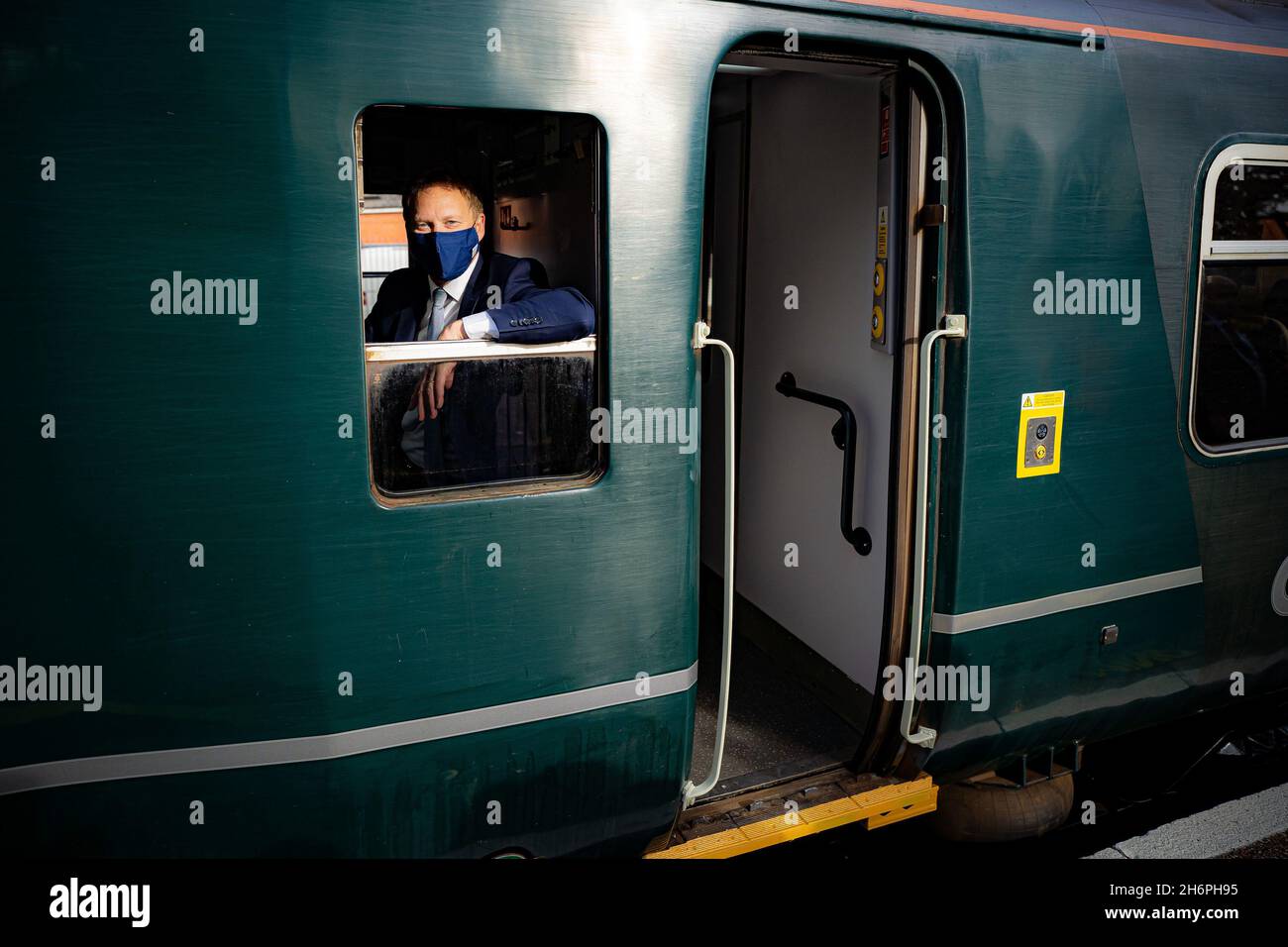 Transport Secretary Grant Shapps looks out of the train drivers window ...
