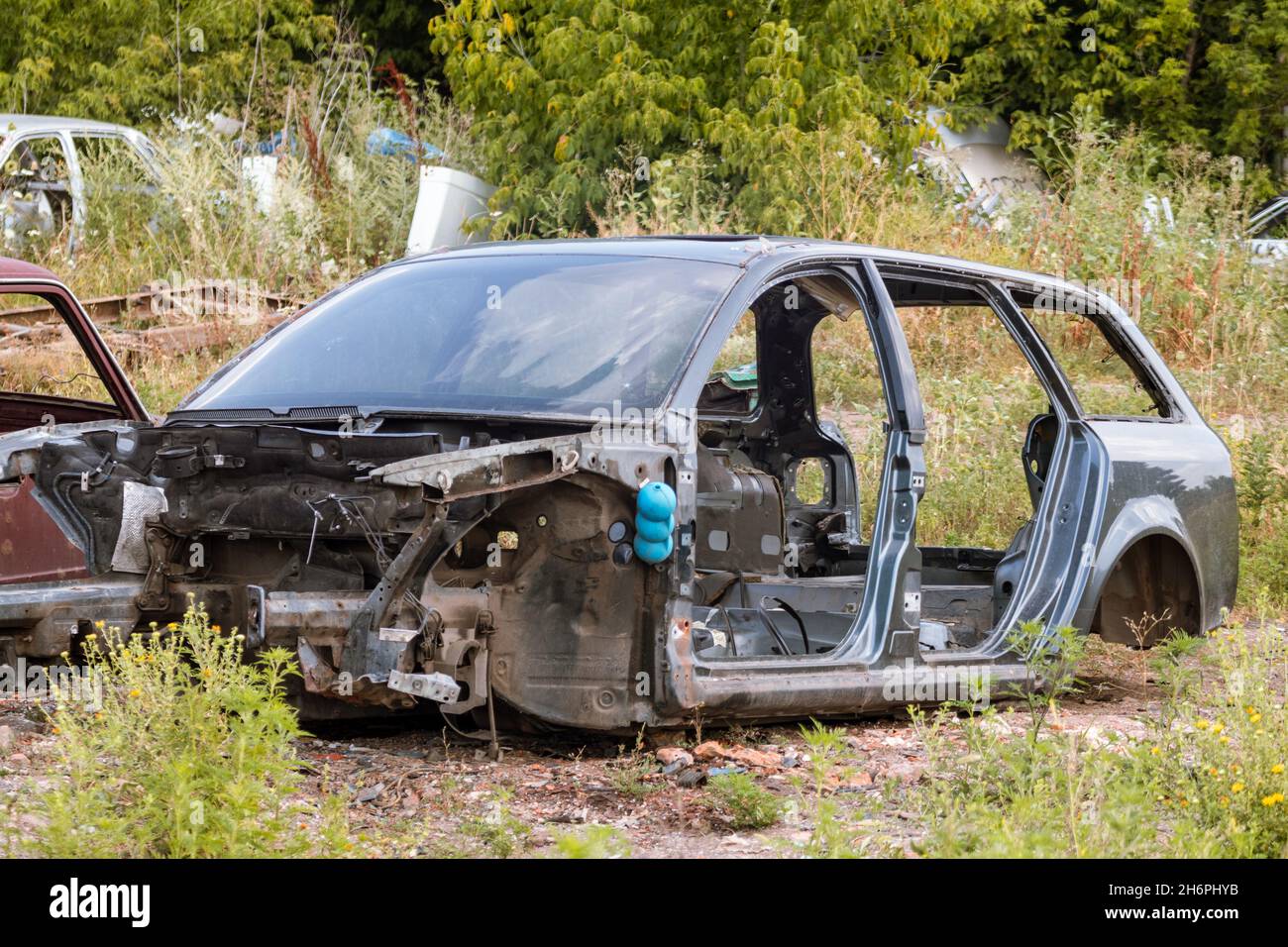 Disassembled car body parts abandoned in greenery outdoors. Car dump ...