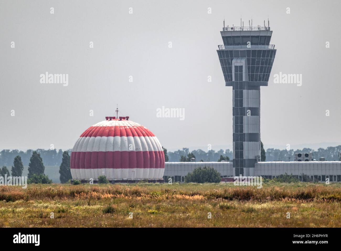 International airport control tower and radome or aviation radar dome ...