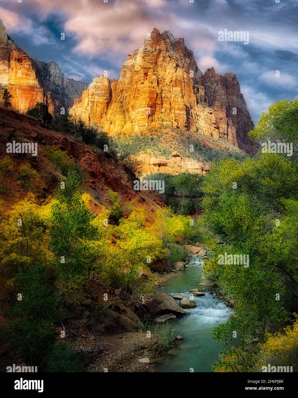 Zion National Park with stream and mountain Stock Photo - Alamy