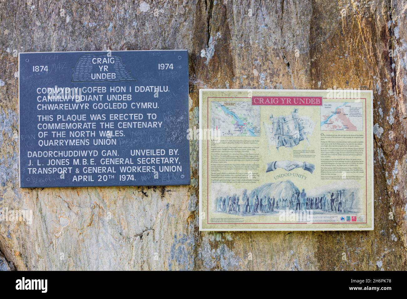 Signs at Craig yr Undeb where the North Wales Quarrymens Union used to ...